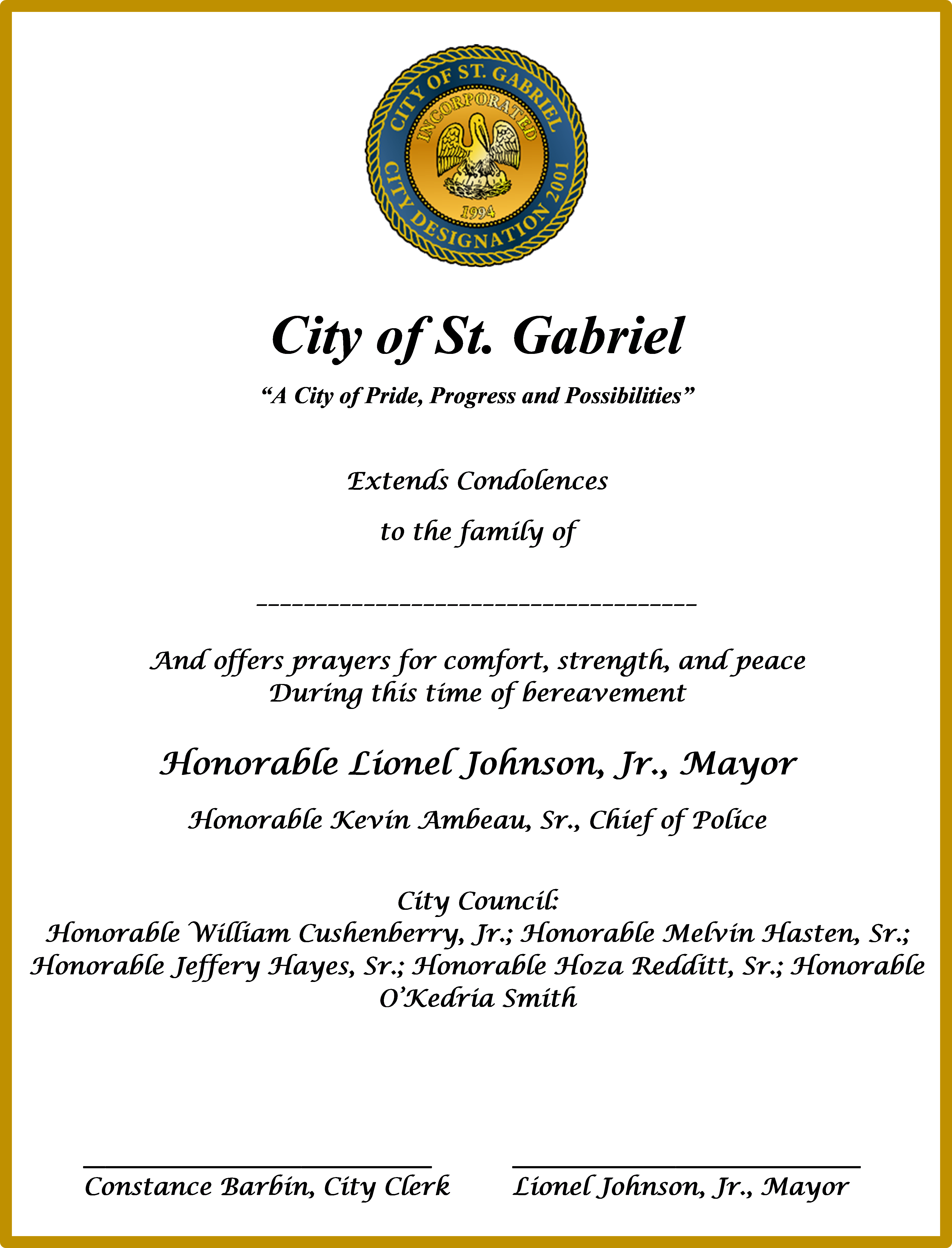 Request a Resolution of Condolence | St. Gabriel, Louisiana